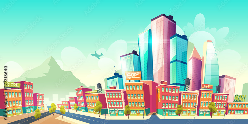 Modern metropolis growth cartoon vector concept. City street with old ...