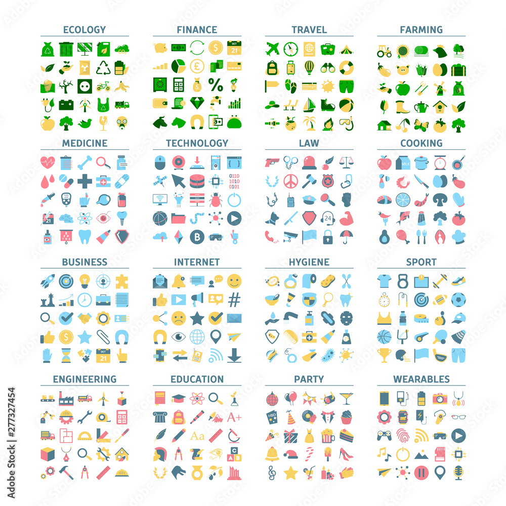 Big set of flat colorful icons. Collection of various symbol Stock ...