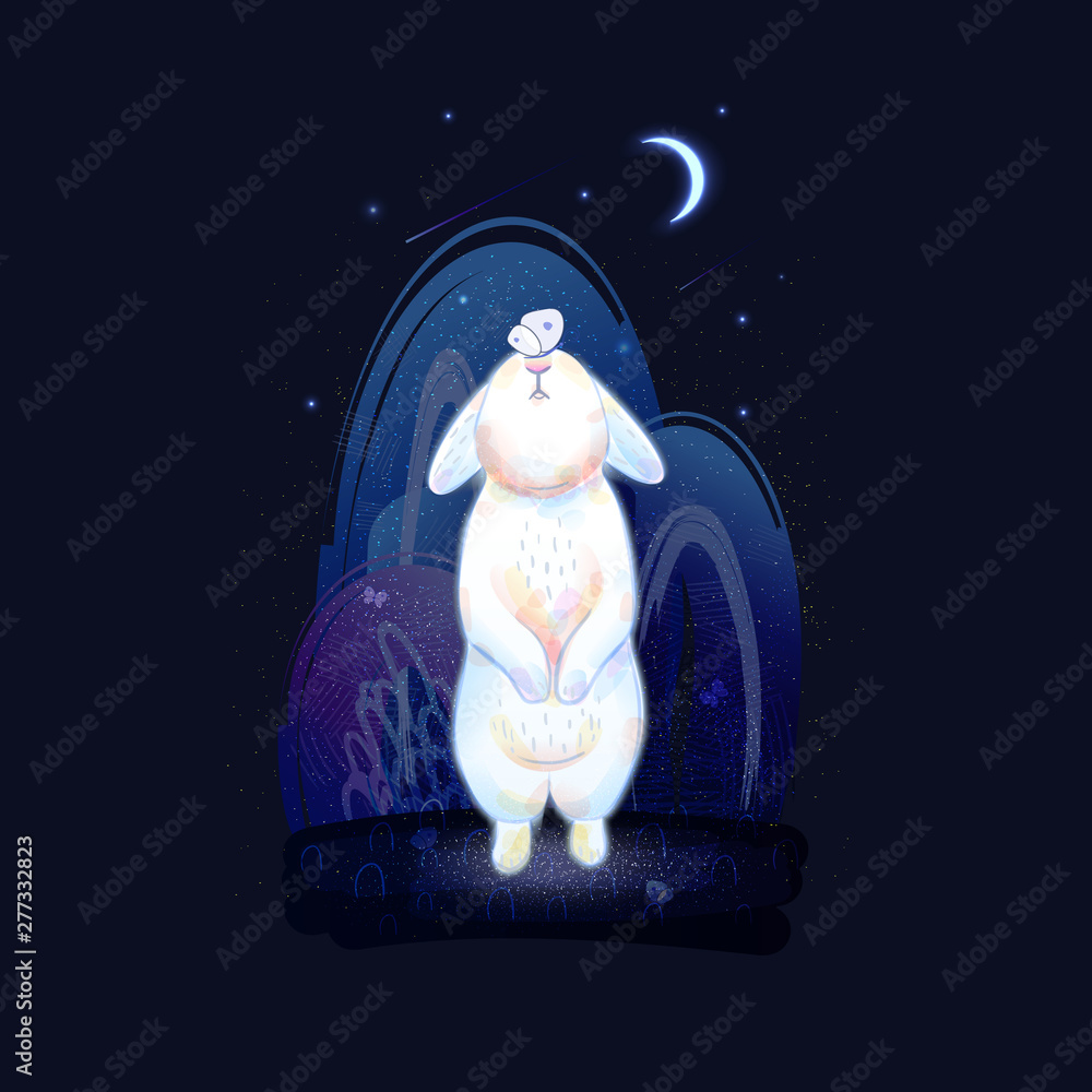 Vector starry night sky and a magical white rabbit with a butterfly on ...