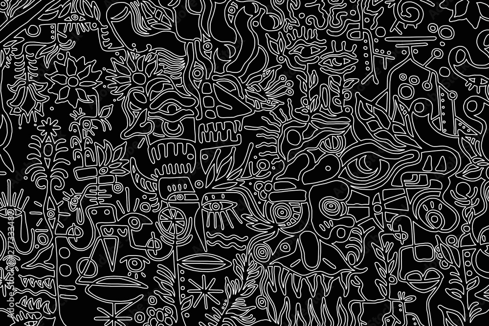 Black and white cartoon pattern on black background, abstract design ...