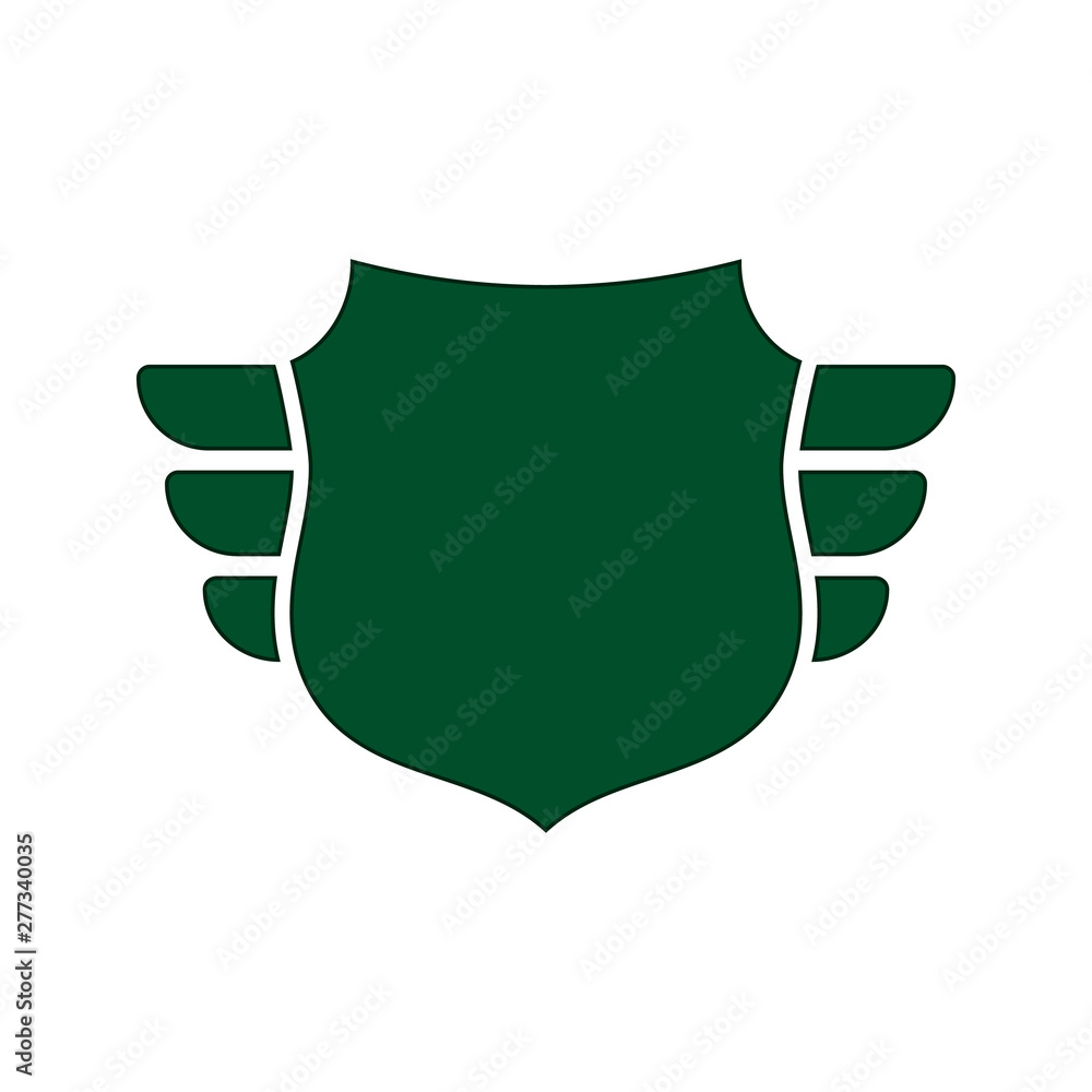 Shield green icon. Outline shape shield, simple wings isolated white ...