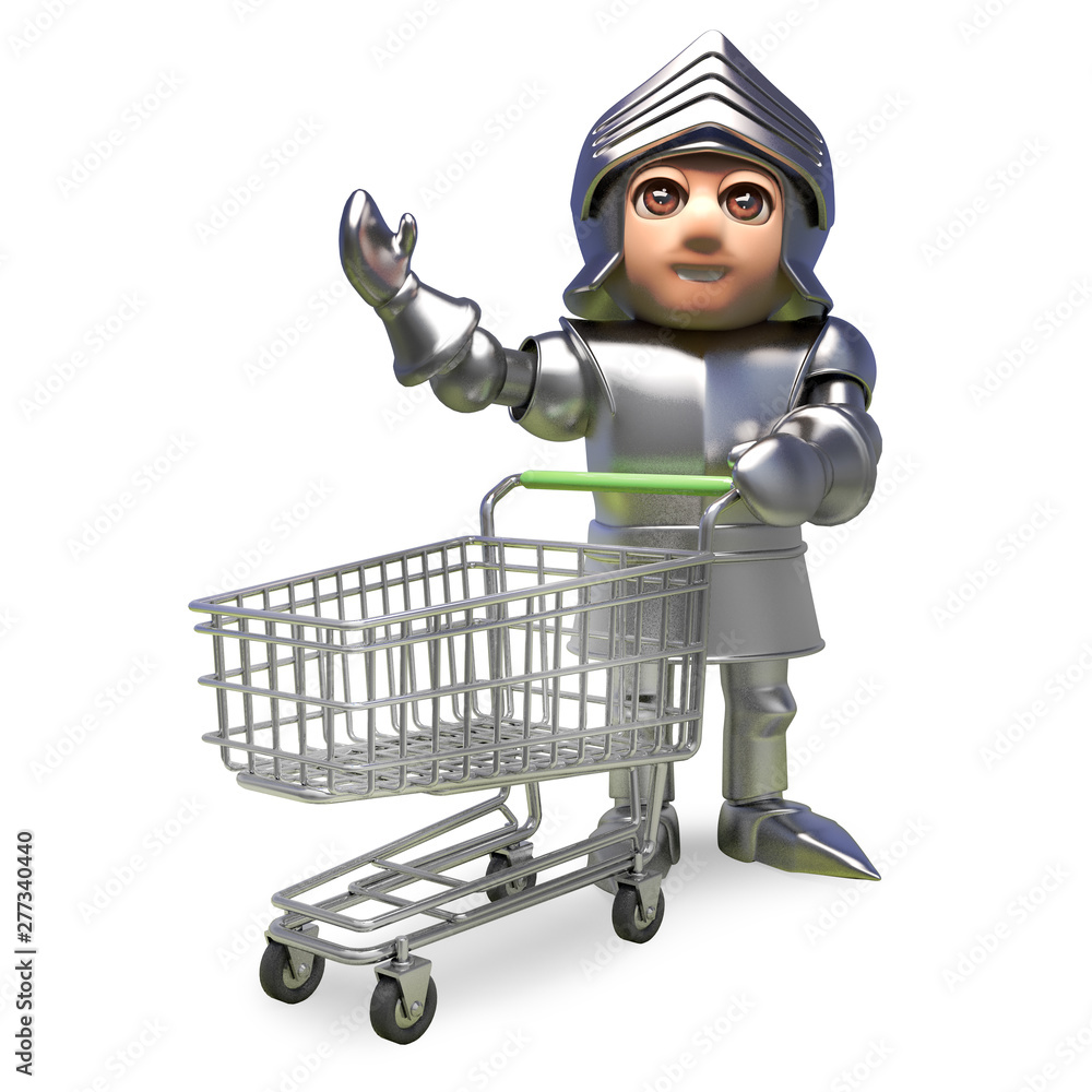 Cartoon medieval knight in armour waving while pushing a shopping ...