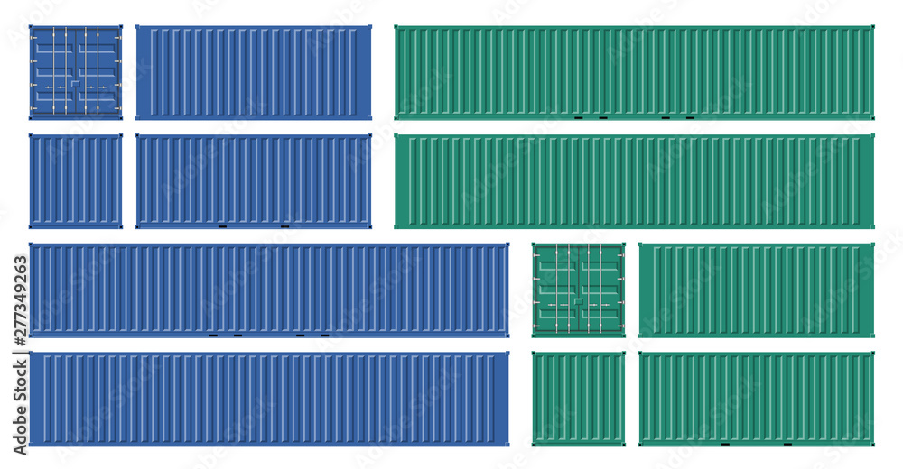 Cargo containers vector mockup on white background with side, front ...