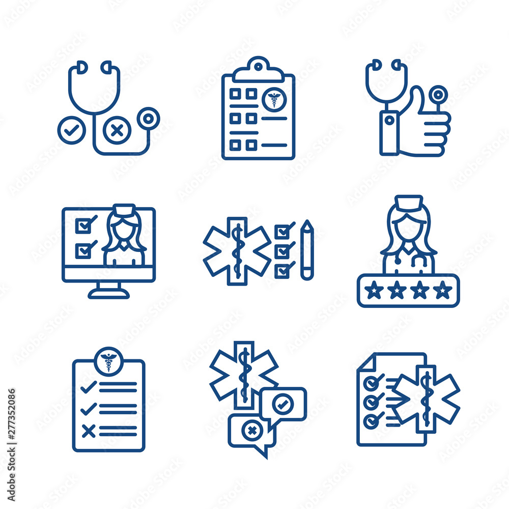 Patient Satisfaction Icon Set with stethoscopy, ratings, and reviews ...