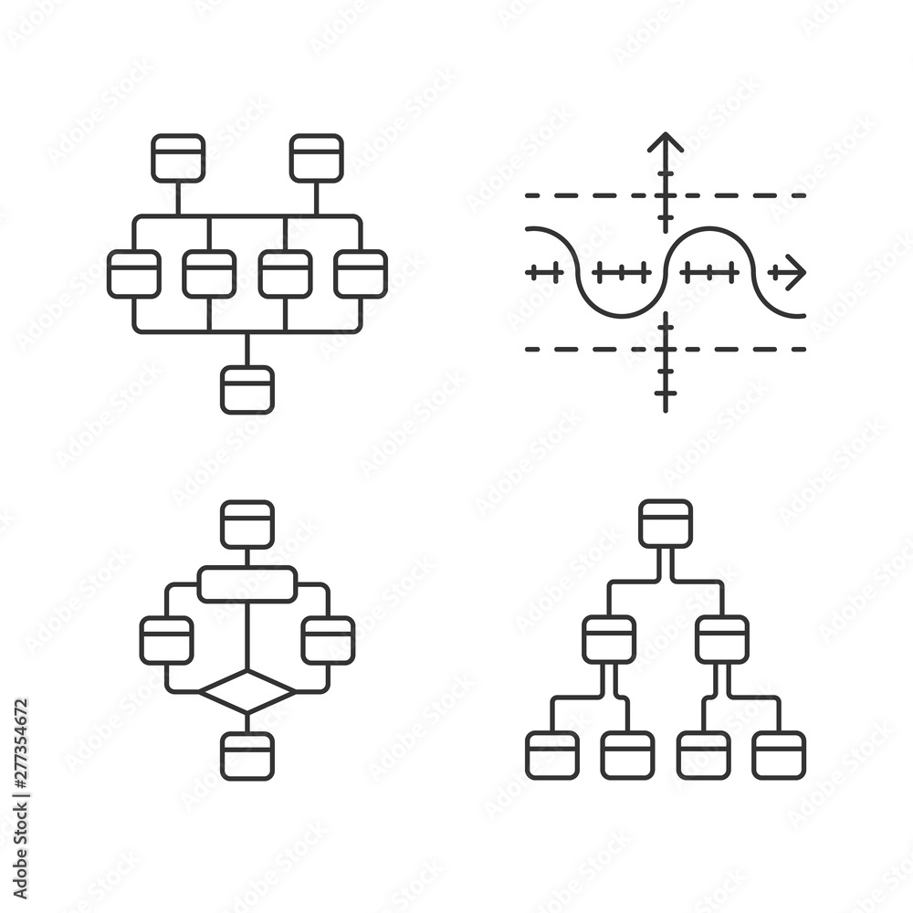 Diagrams linear icons set. Network, tree, function graph, flowchart. Planning, process flow ...