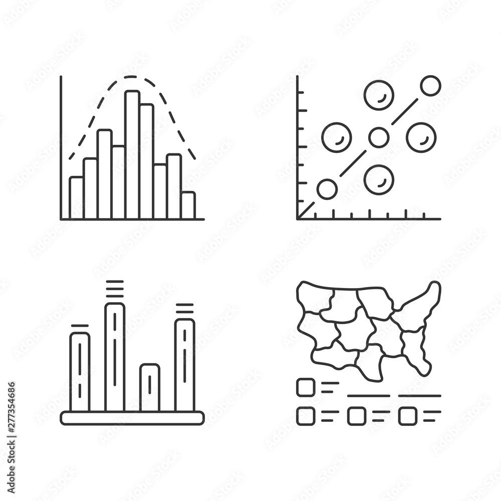 Diagrams linear icons set. Histogram, bar graph, scatter plot ...