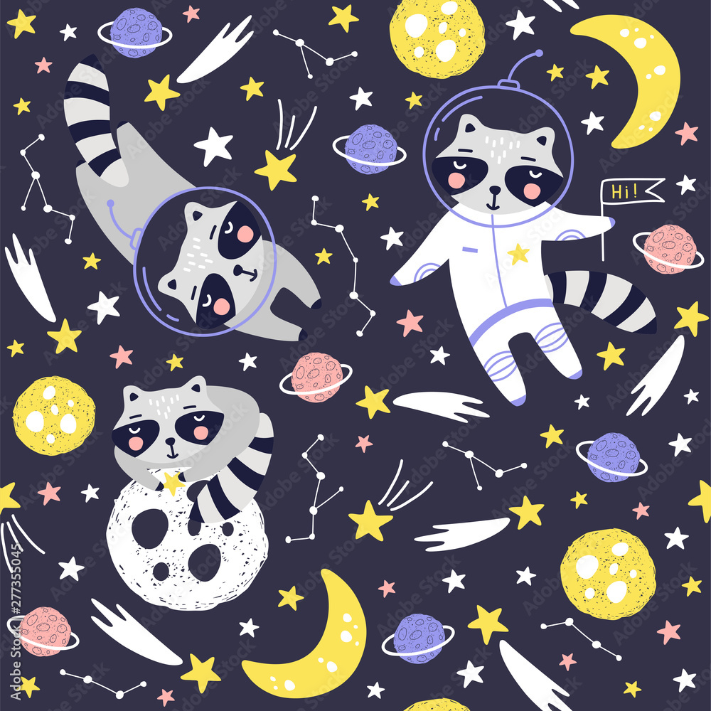 Seamless pattern with cute raccoon astronaut, planets, stars and comets ...