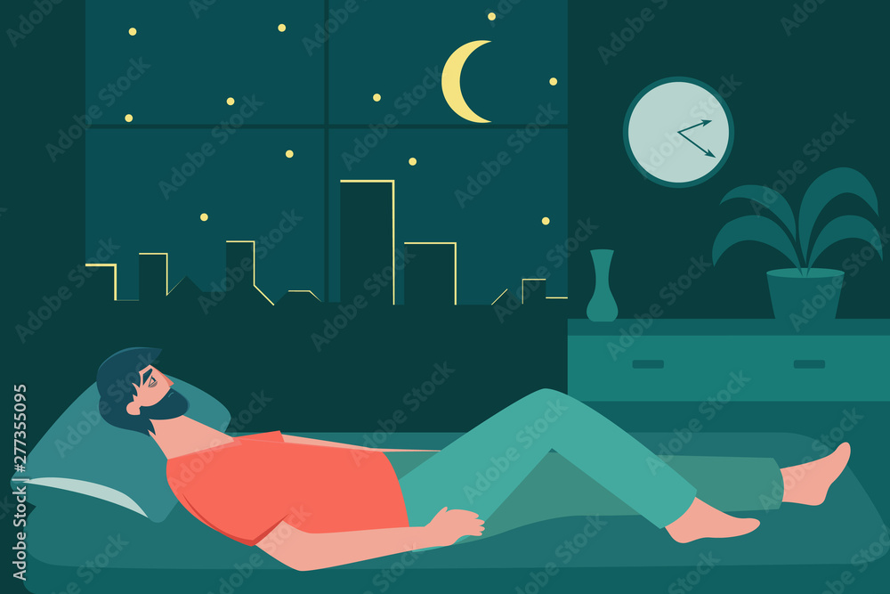 Male insomniac lying in bed at night. Tired man suffer from sleeping ...