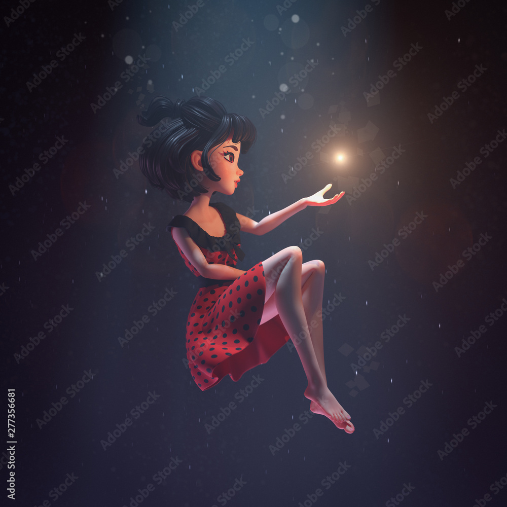 3d illustration of an asian girl sitting in the air in deep space with ...