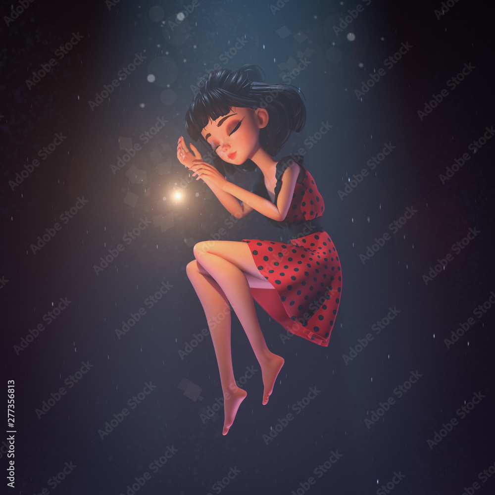 3d illustration of an asian girl sleeping in the air in deep space with ...