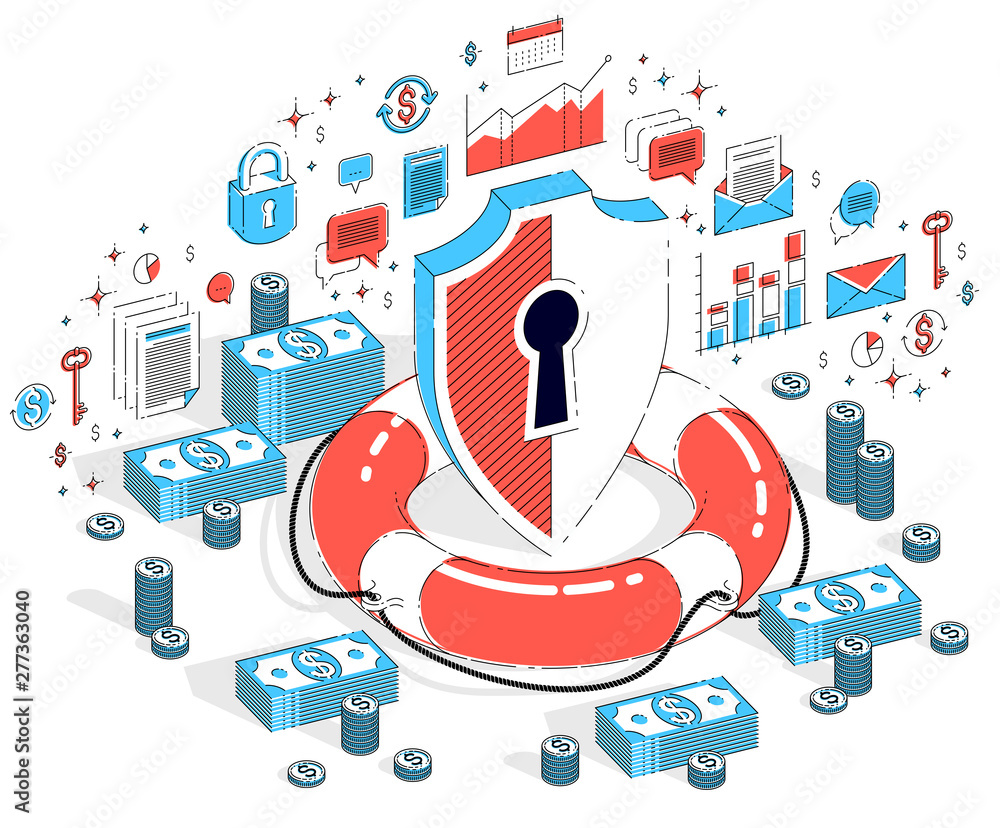 Financial safety and protection concept, Life Buoy and Shield with cash ...