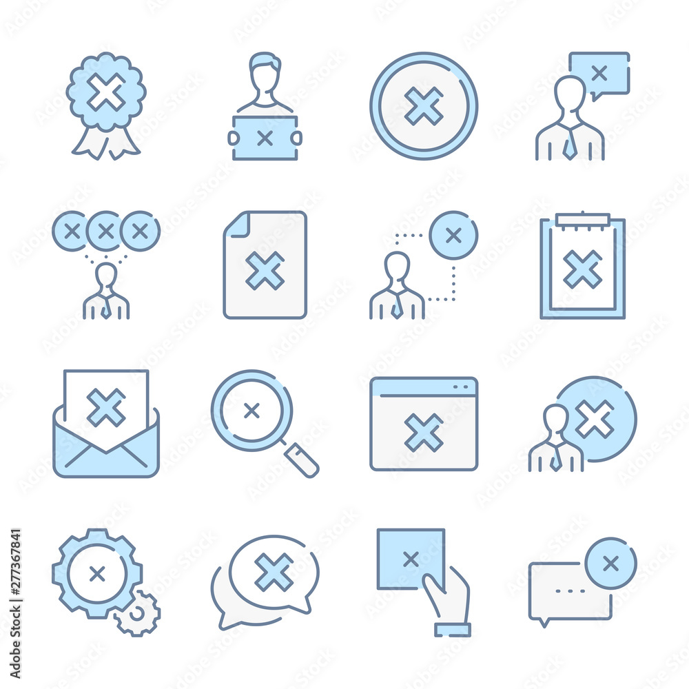 Cancellation, Disapprove and Decline related blue line colored icons ...