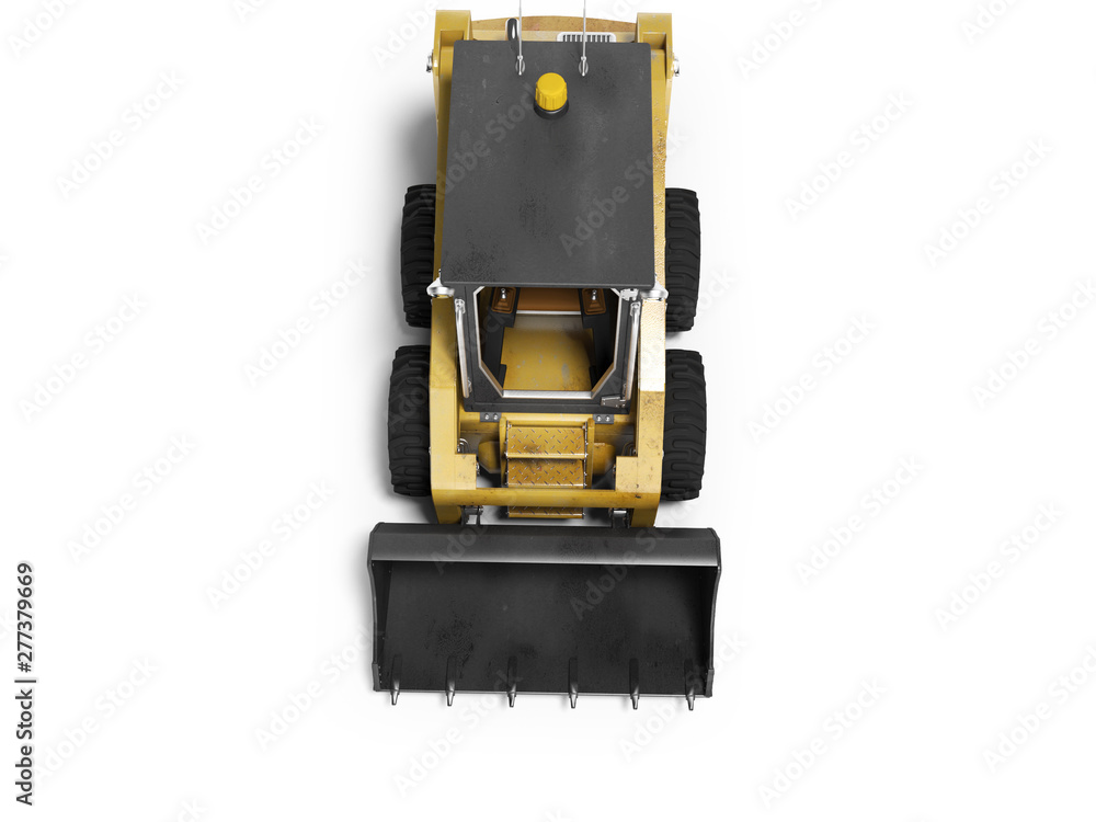 Yellow diesel loader with front bucket top view 3d render on white ...