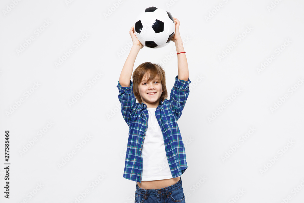 Football fan kid boy in blue t-shirt cheer up support favorite team ...