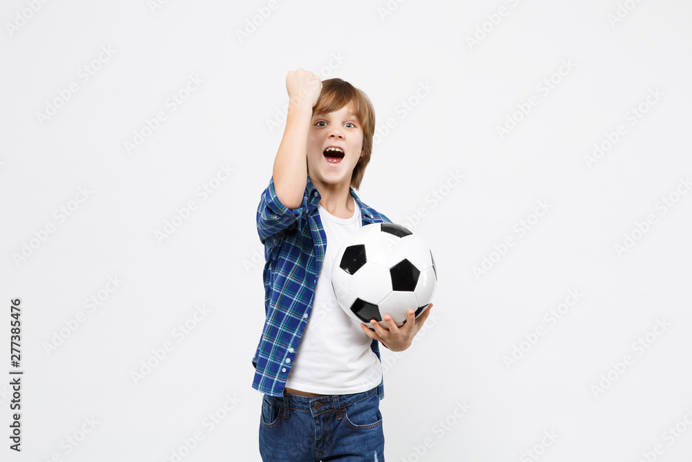 Football fan kid boy in blue t-shirt cheer up support favorite team ...