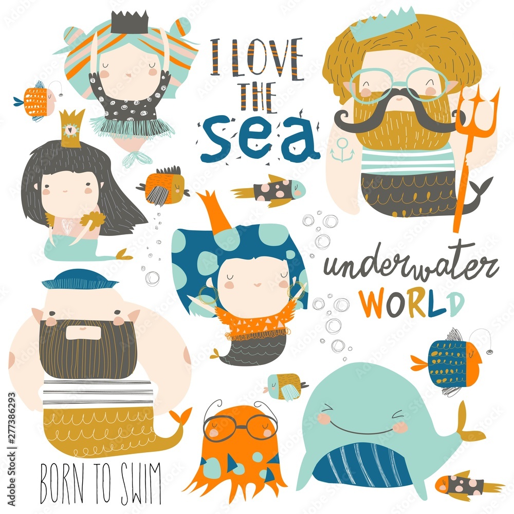 Cartoon set with little mermaids. Under the sea Stock Vector | Adobe Stock