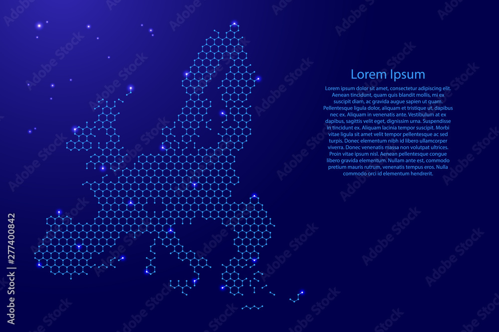 European Union map from futuristic hexagonal shapes, lines, points blue ...