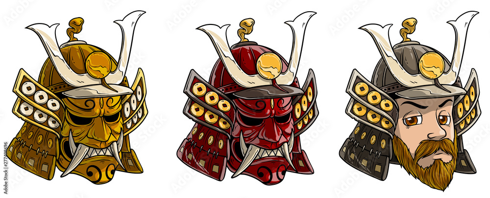Cartoon detailed japanese samurai helmet with scary mask, horns and ...