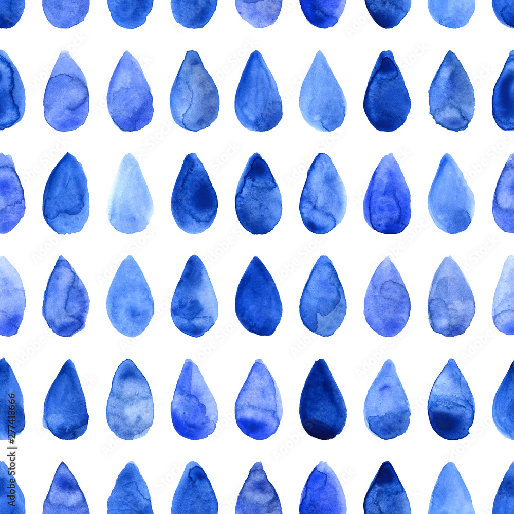 Watercolor water drops seamless pattern. Blue and wthite background for ...
