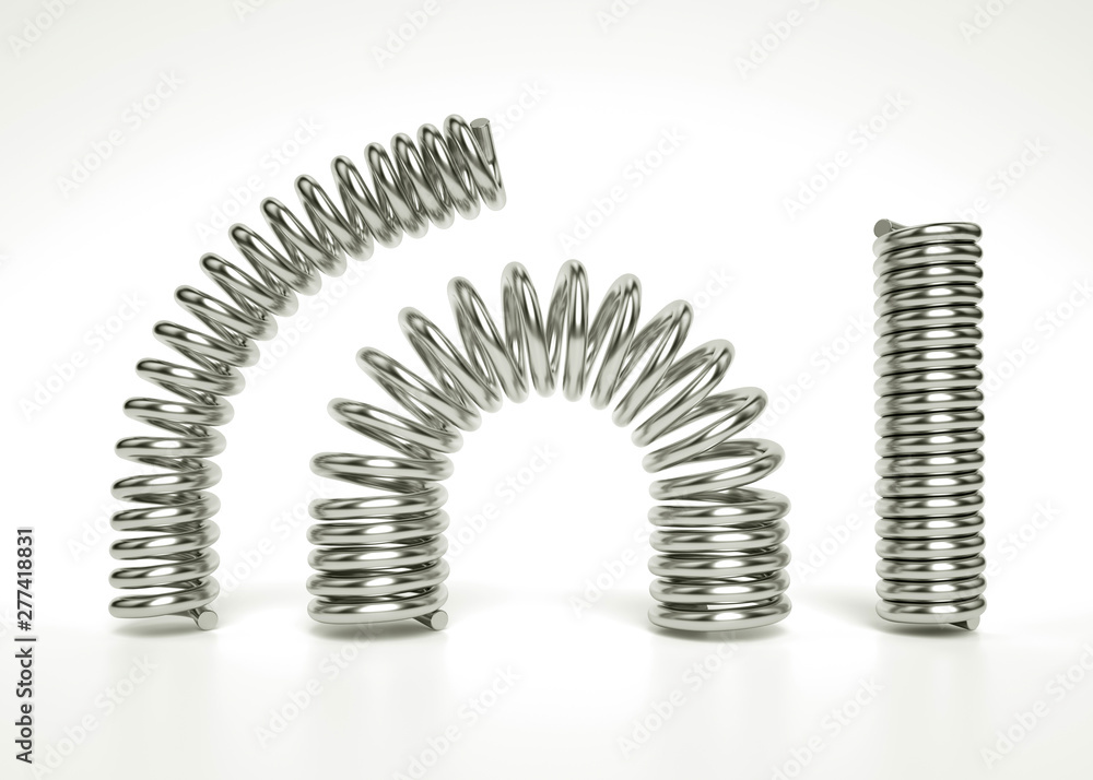 3d illustration of flexible silver cylindrical springs. Set of ...