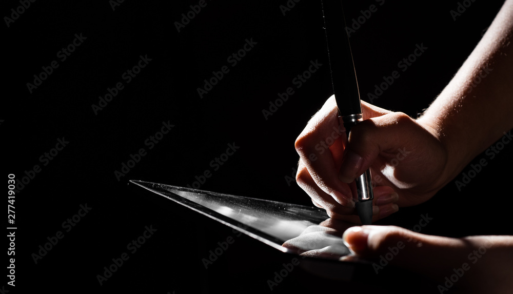 Digital Signature Concept. female hands digitally sign a digital tablet ...