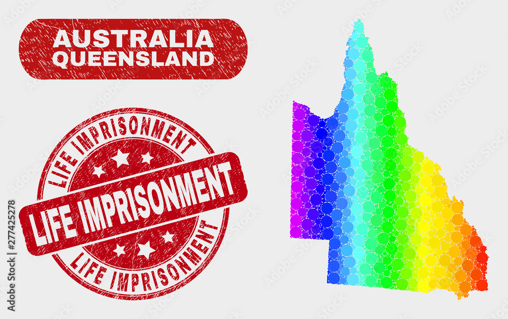 Rainbow colored dotted Australian Queensland map and watermarks. Red ...