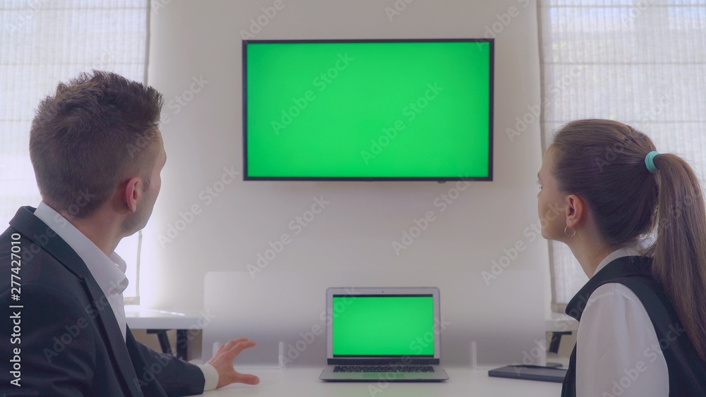 Business people in office. Back view employee tell about new project ...