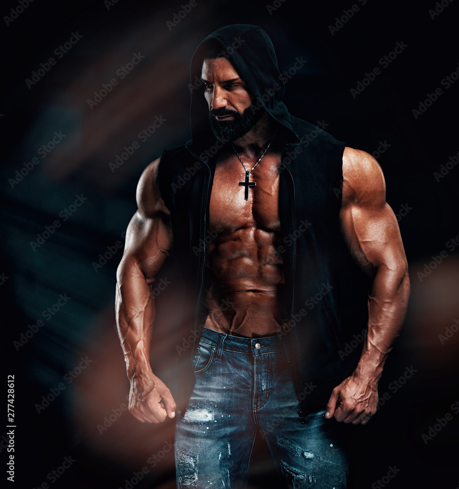 Strong Mysterious Muscular Men Wearing Hooded Jacket Exposing his ...
