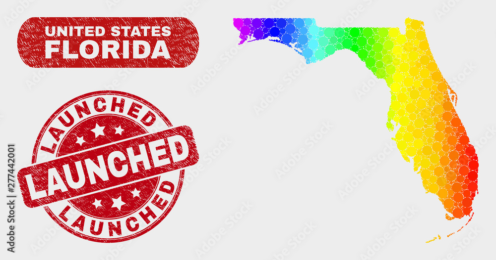 Rainbow colored dot Florida State map and seal stamps. Red round ...