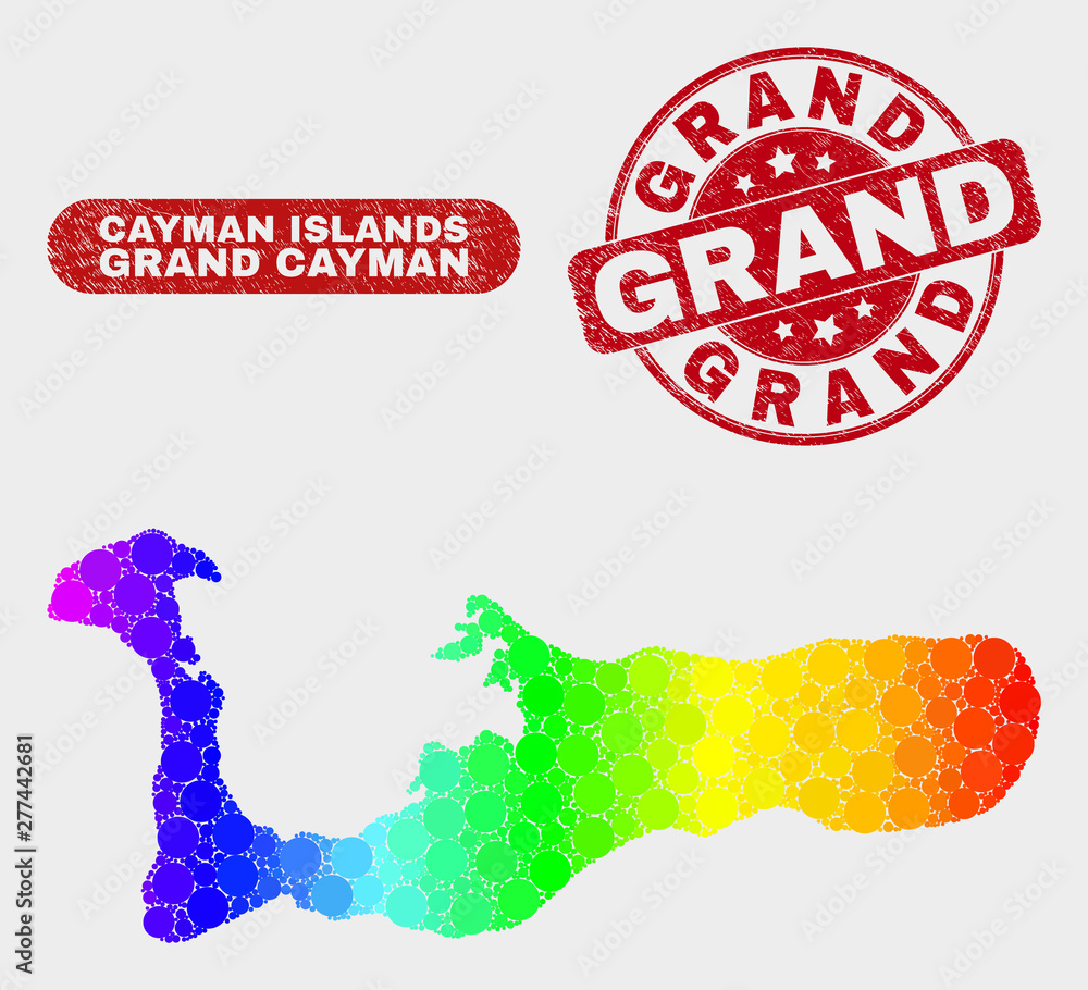 Spectral dot Grand Cayman Island map and seal stamps. Red round Grand ...