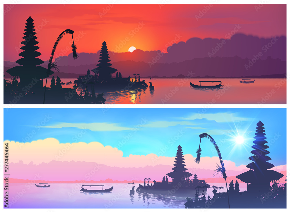 Vecteur Stock Set of vector travel banners with balinese landscapes of ...