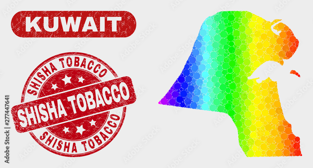 Rainbow colored dot Kuwait map and seals. Red round Shisha Tobacco ...