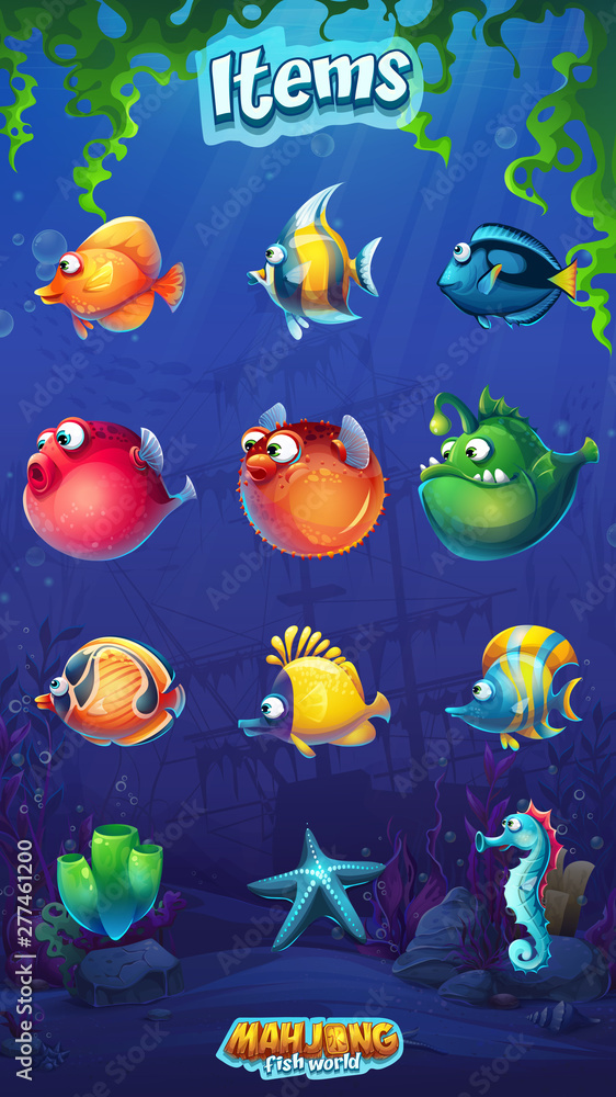 Mahjong fish world - set of cartoon funny fish Stock Vector | Adobe Stock