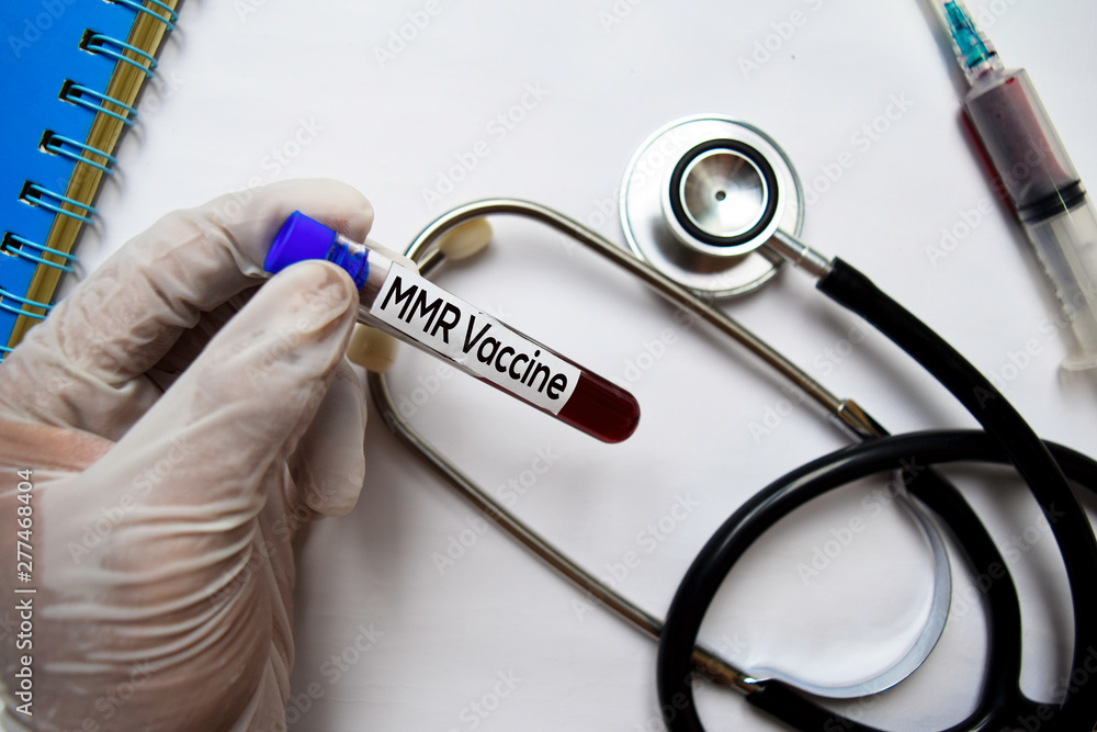 MMR Vaccine text on top view isolated on white background. Healthcare ...