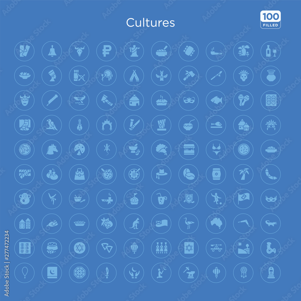 100 blue round cultures vector icons set such as portuguese, tuscany ...