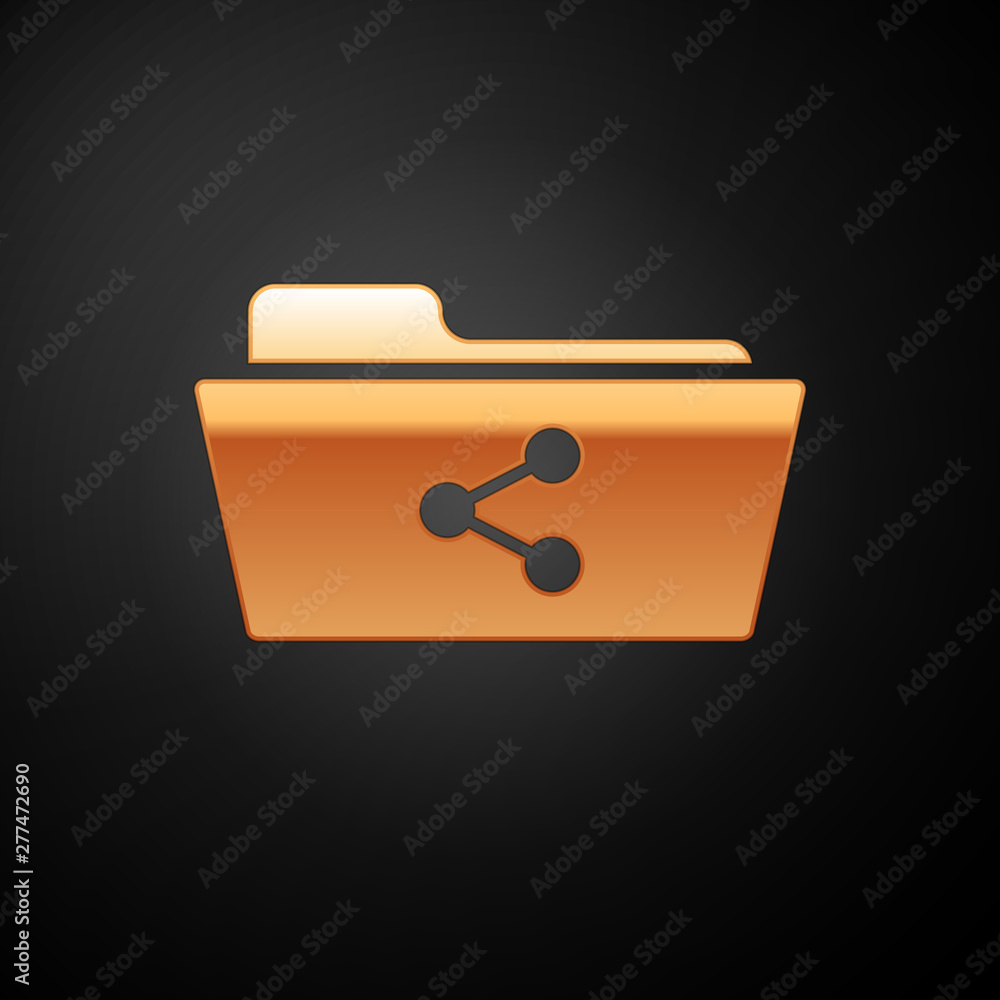 Gold Share folder icon isolated on black background. Folder sharing ...