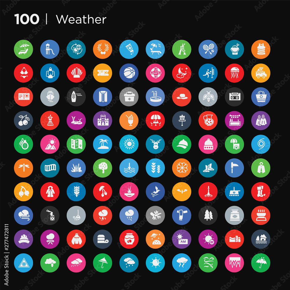Vetor de 100 round colorful weather vector icons set such as winter ...