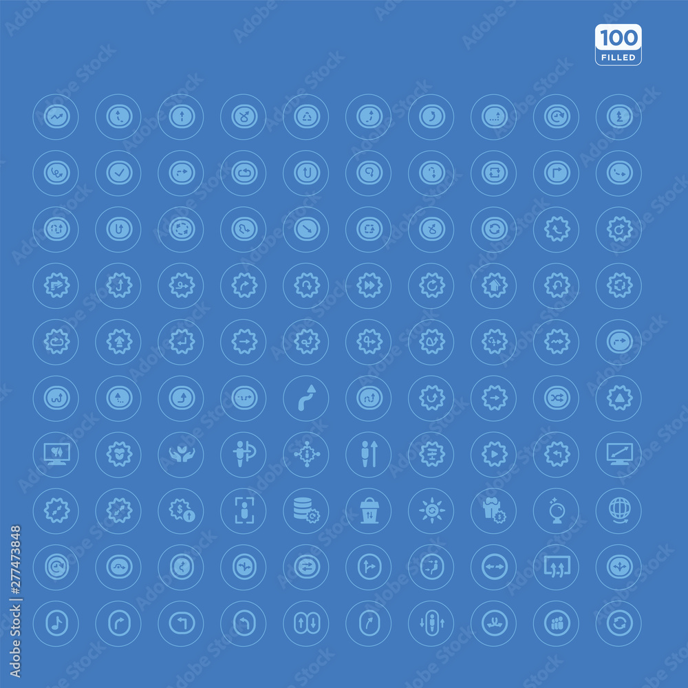 100 blue round ui vector icons set such as three arrows, rear window ...