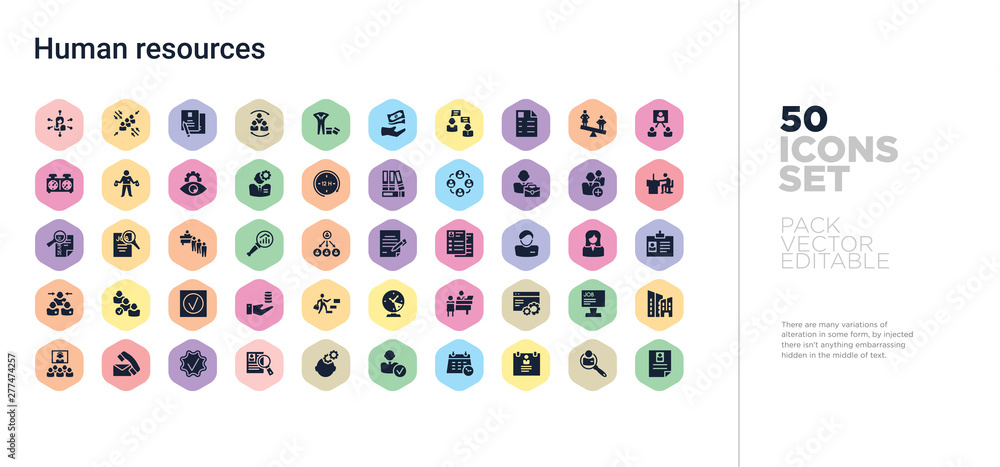 50 human resources vector icons set in a colorful hexagon buttons Stock ...