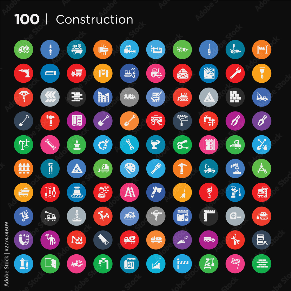 100 round colorful construction vector icons set such as derrick facing ...