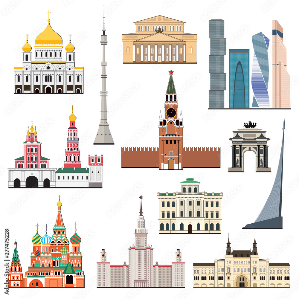 Cartoon symbols and objects set of Moscow. Popular tourist ...