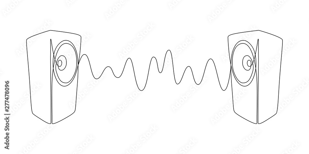 Sound wave between two music speakers in one line art drawing style ...