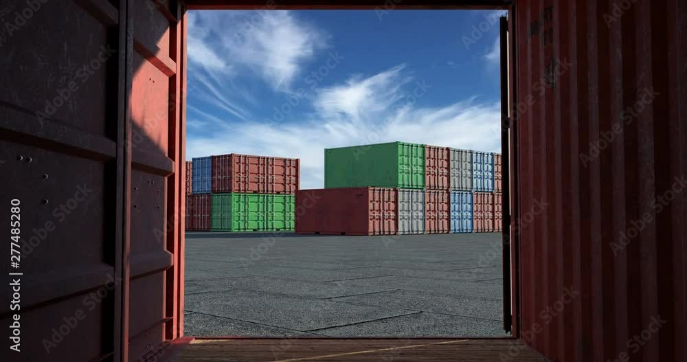 Cargo terminal as seen from opening doors of cargo shipping container ...