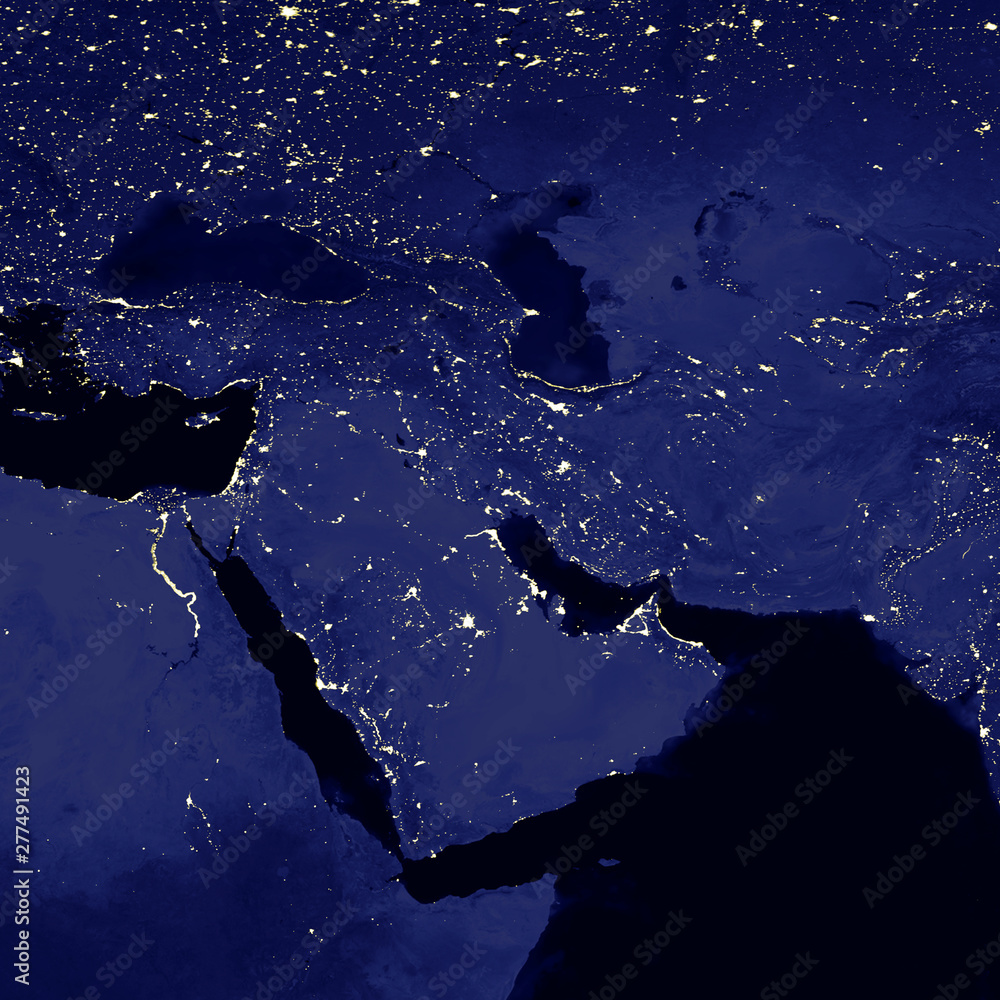 Middle East electric lights map at night. City night lights. View from ...