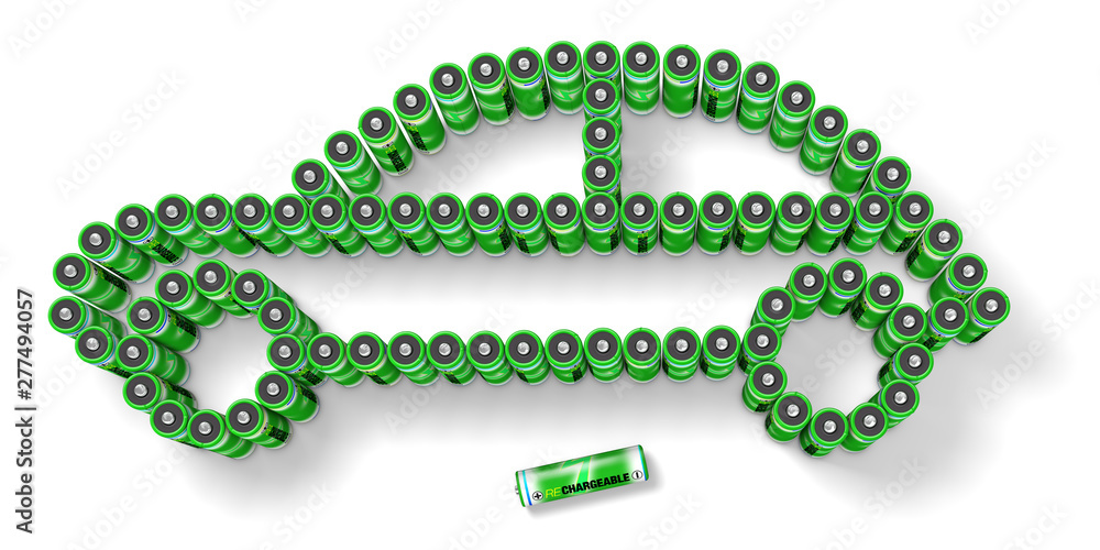 Green unbranded rechargeable batteries lined up in the shape of a car ...