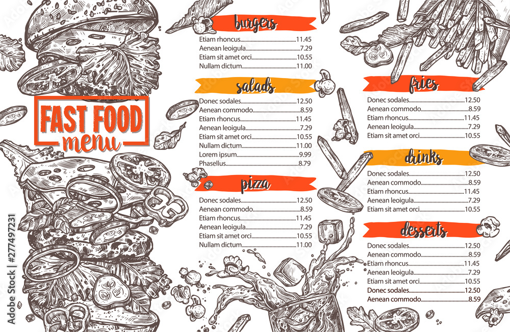 Fast food vector menu template in sketch style. Monochrome design for ...