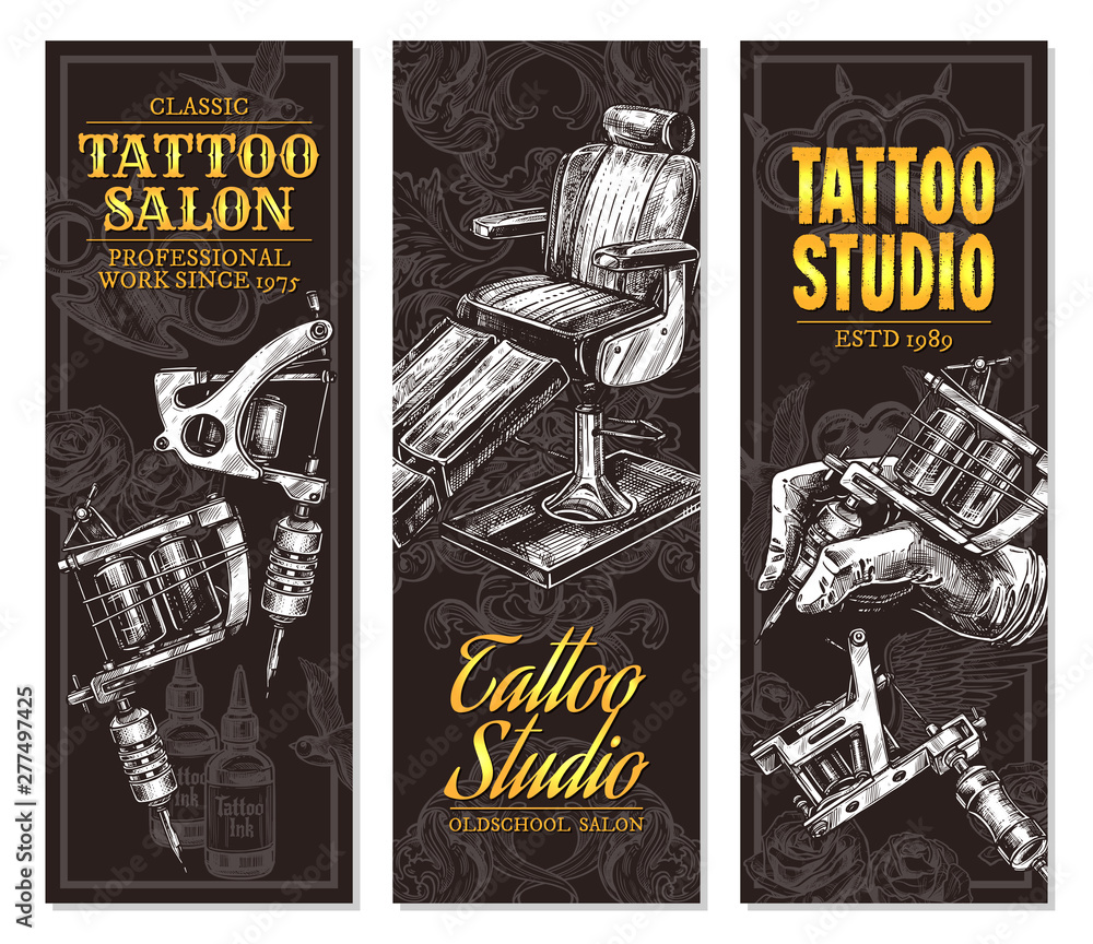 Hand drawn vertical vector tattoo salon banners with sketch engraving ...