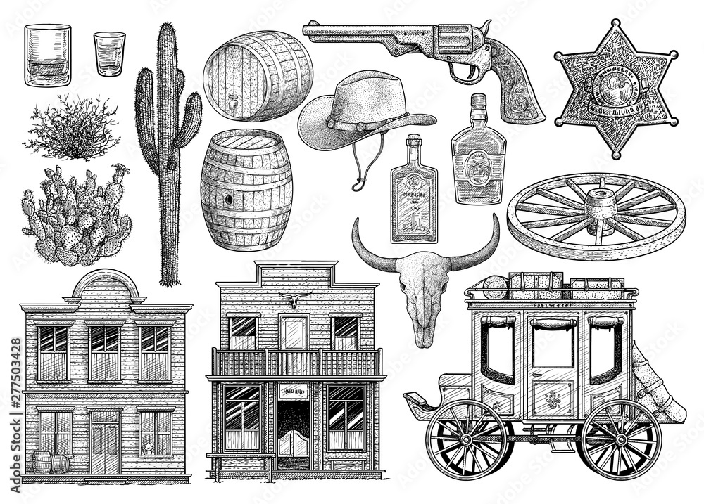 Western object collection, illustration, drawing, engraving, ink, line ...