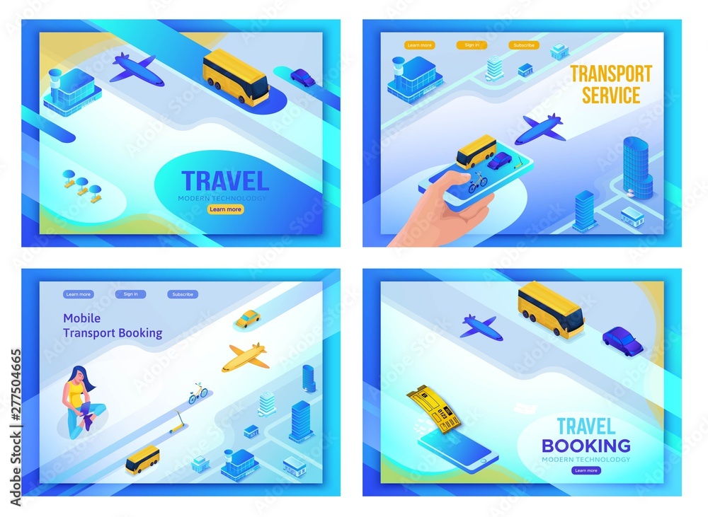 Mobile transportation online service landing page template set, travel ...