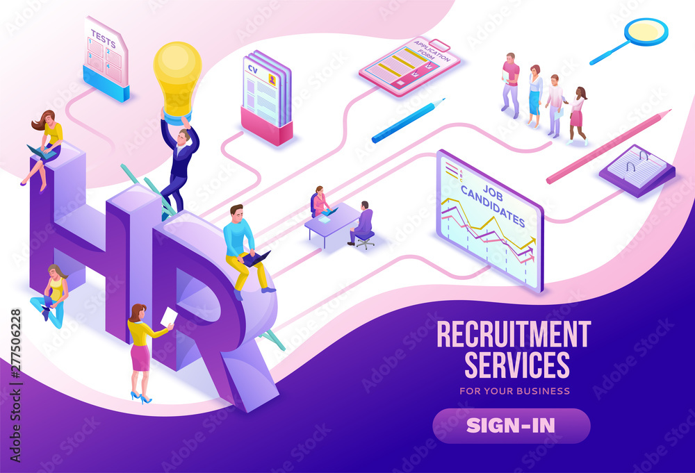 Recruitment agency isometric infographic landing page template with 3d ...